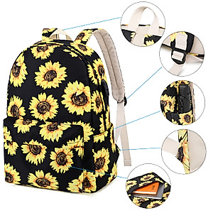 EZYCOK School Bookbag for College Girls Women, Water Resistant Laptop Backpack Casual Daypack with USB Charging Port, Sunflower