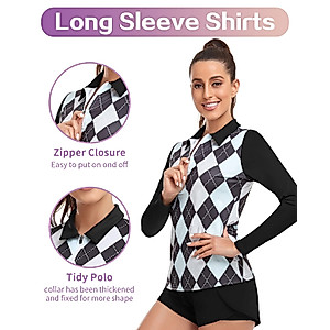 Soneven Women's Long Sleeve Golf Polo Shirts Moisture Wicking Quick Dry Half-Zip Pullover Athletic Workout Striped Tops (1-Black Argyle, X-Large)