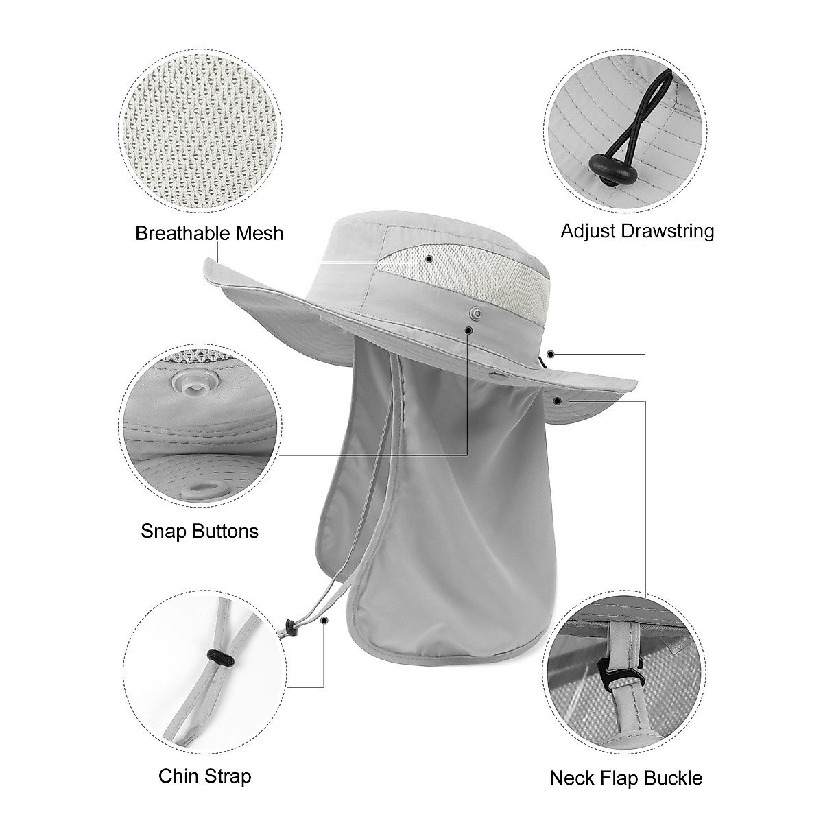 Zylioo Oversized 62-65cm UV Sun Hats with Flaps,Big Size Boonie Hat with Drape Beach Hats with Neck Protection Flap