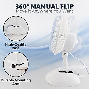 RamPro Clip on Fan & Desk Fan, Small Clip Fan with Sturdy Clamp, 6 Inch Portable Clip on Fan Plug-In Quiet Personal Cooling Bed Fan for Home, Camping, 2 Speed Clip Fans with Adjustable Tilt, White