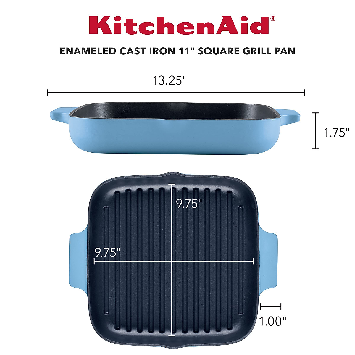 KitchenAid Enameled Cast Iron Square Grill and Roasting Pan, 11 Inch, Blue Velvet