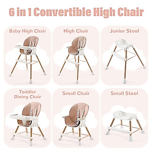 6-in-1 Convertible High Chair for Babies and Toddlers, Baby Feeding Chair with Adjustable Legs & Double Dishwasher Safe Tray, Infants Eating Chair with Footrest&Safety Harness for Boys Girls, Pink
