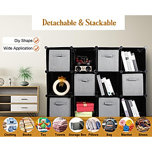 Roshtia 12 Cube Storage Organizer and 12 Collapsible Fabric Storage Cube Bins, Closet Organizer and Storage Shelf DIY Plastic Modular Bookcase Bookshelf Bedroom Garment Racks Home Office, Black, Gray