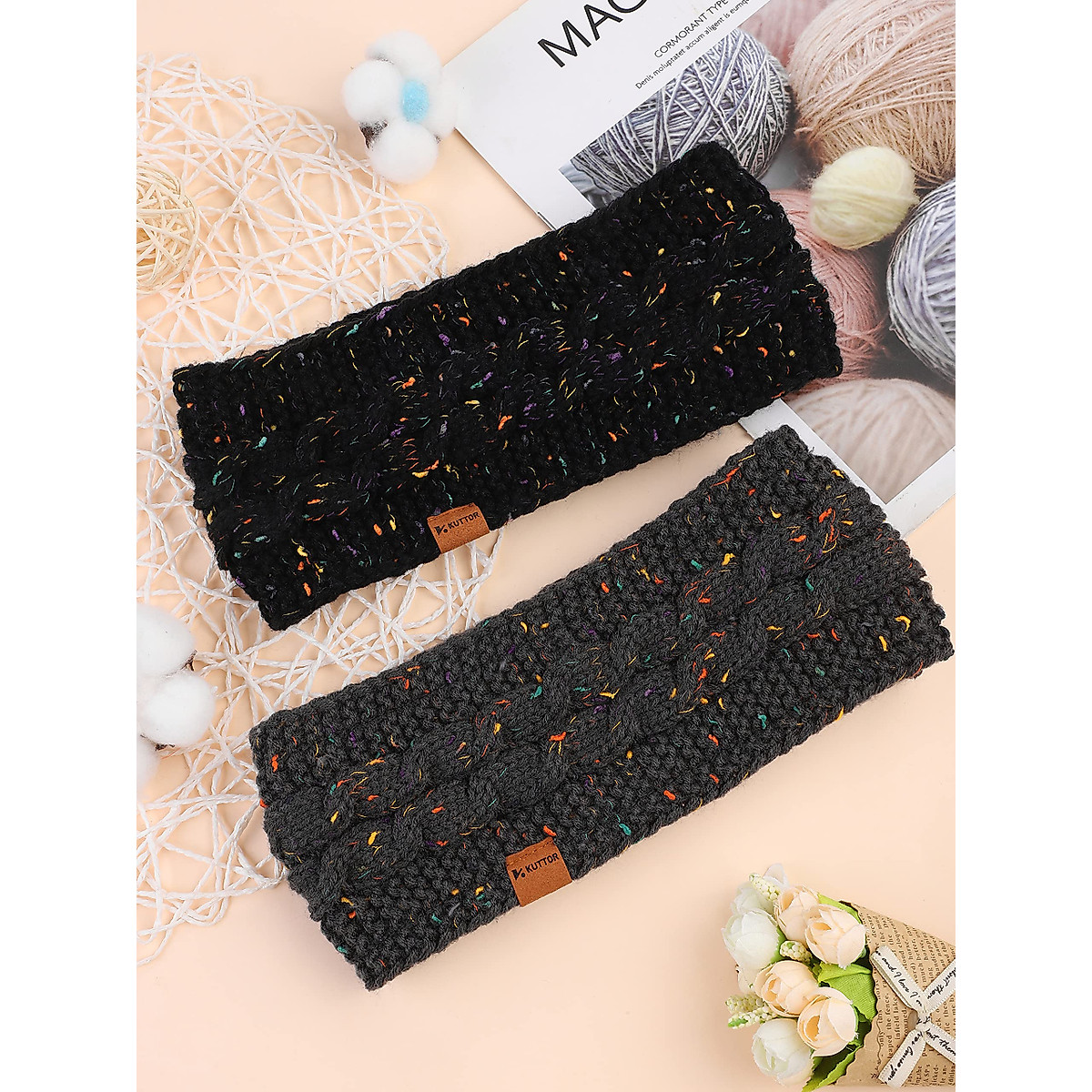 KUTTOR 2 Pack Fuzzy Fleece Headband Fleece Lined Ear Warmer Knit Thick Warm Headwraps Cable Knit Headband