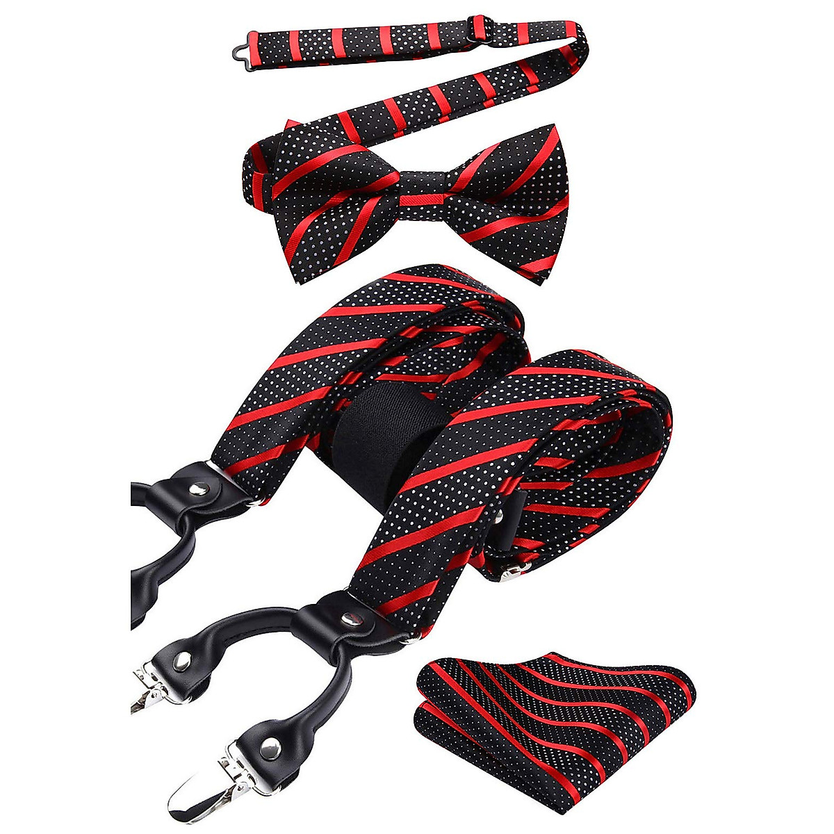 HISDERN Bow Tie and Suspenders for Men Red Striped Suspender and Bowtie Handkerchief Set Adjustable Y Shape 6 Clips Wedding Brace