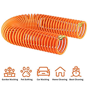 BESITER Coil Hose 50 ft, EVA Recoil Garden Hose Brass Connector, Coiled Watering Hose, Lightweight Flexible hoses, and Includes 10 Patterns Spray Nozzle for Outdoors Lawn Watering, Car Washing Orange