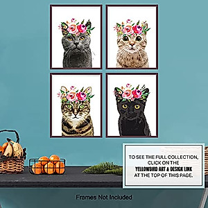 Tabby Cat, Gray Cat, Black Cat Wall Decor - Gift for Kitten, Kitty, Cat Lovers, Women - Cute Floral Wall Art, Room Decoration for Girls Bedroom, Kids Room, Living Room, Nursery - Adorable Poster Set