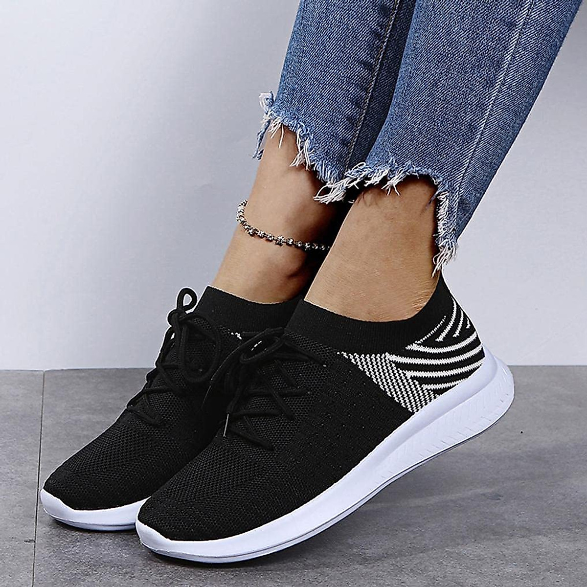 Hbeylia Walking Running Tennis Sport Sports for Women Men Fashion Slip On Sneakers Lace Up Breathable Lightweight Mesh Athletic Work Nurse Shoes Wedge Driving Loafers for Boys and Girls Black