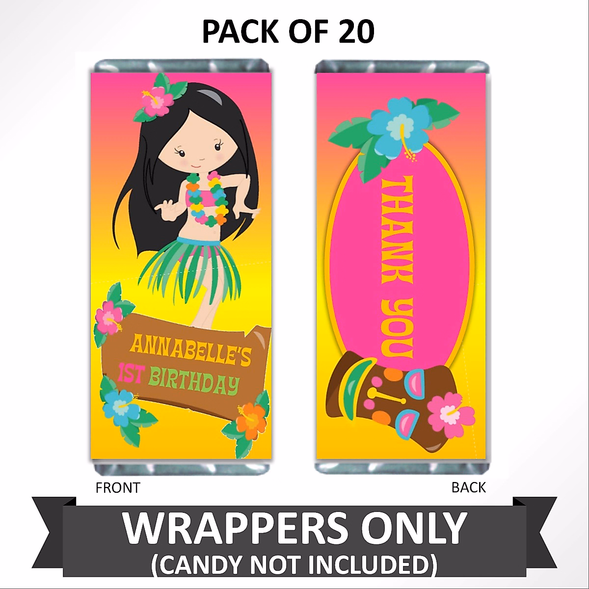 Hawaiian Luau Party Favors, Personalized Candy Wrappers, Pack of 20 Custom Chocolate Bar Labels