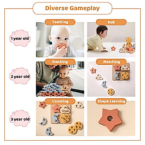 ibwaae Soft Silicone Stacking Toy for Baby 12 Pcs Montessori Sensory Teether Toys Early Shapes Recognition Development Building Stacker for Toddler