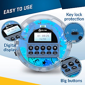 KLIM Nomad Transparent - New 2024 - Portable CD Player Walkman with Long-Lasting Battery - Includes Headphones - Radio FM - MP3 CD Player Portable - TF Card Radio FM Bluetooth - Ideal for Cars