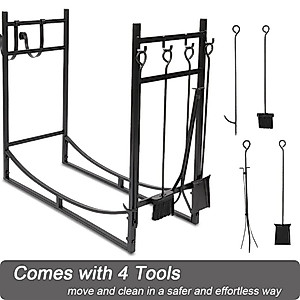 Yorovent 3FT Heavy Duty Firewood Rack,Log Storage Stand Rack With Fireplace Tool Set Removable Kindling Holder,Shovel,Poker, Tongs, Brush,Anti-Rust And All Weather Resistant,For Indoor Outdoor Black