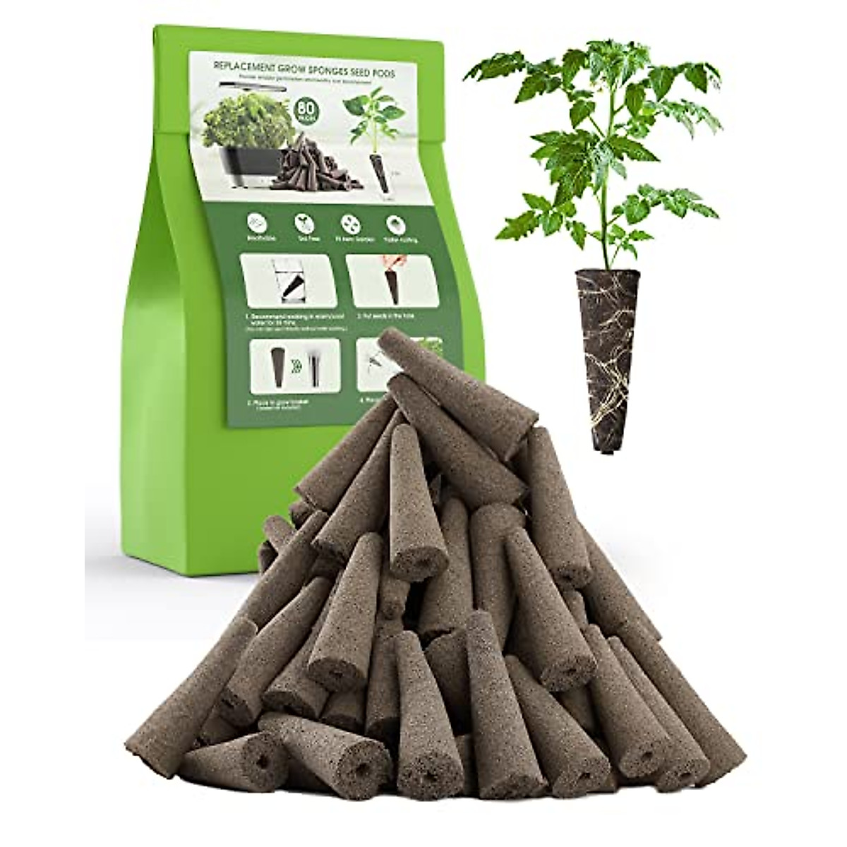 80 PCS Grow Sponges for Hydroponics, Replacement for AeroGarden Seed Pods, Hydroponic Sponges, Root Growth Sponge, Seed Starter Pods for Indoor Gardening System, Pod Refill Peat Sponges (No Seeds)