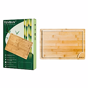 TEVBUV Large Bamboo Cutting Board – 18 x 12-inch Chopping Board with Juice Groove for Meat, Vegetables, Fruits, Cheese – Multipurpose Wooden Cutting Board, Serving Tray, Charcuterie Board with Handle