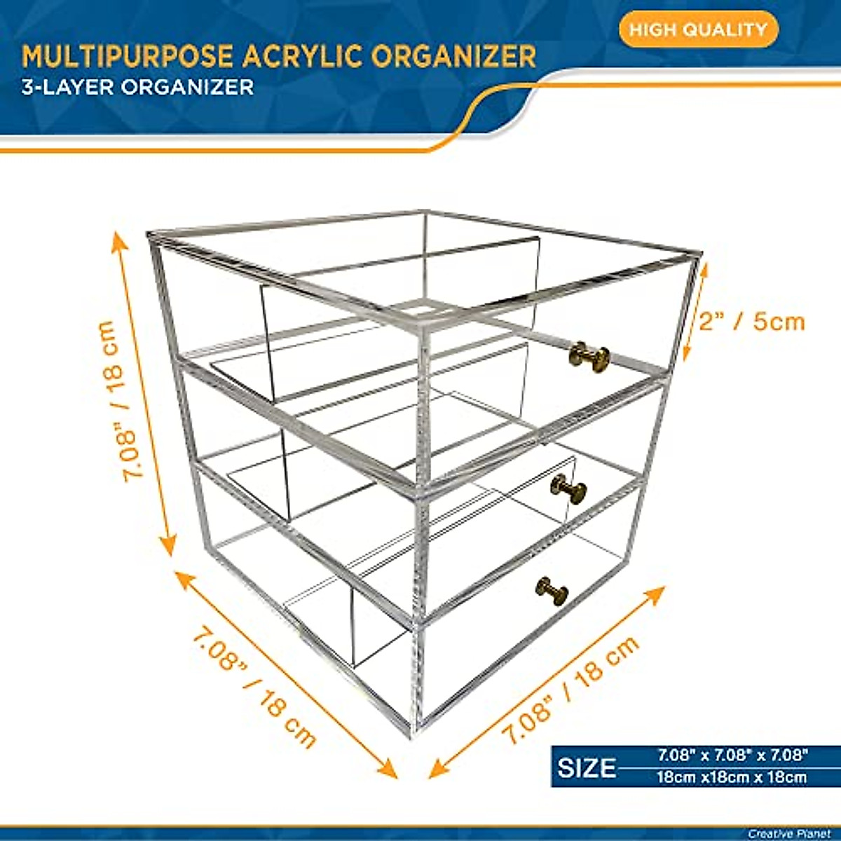 Creative Planet Acrylic Drawer Organizer Storage Drawers for Jewelry Makeup Hair Accessories Cosmetics Sunglasses Toiletries (3-Level-7"x7"x7"-Transparent)