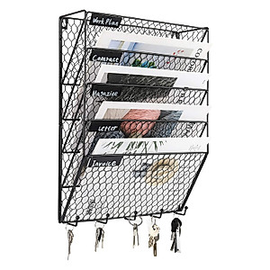 PAG 5 Tier Wall File Holder Hanging Mail Organizer Metal Chicken Wire Wall Mount Magazine Rack with hooks for Home and Office, Black