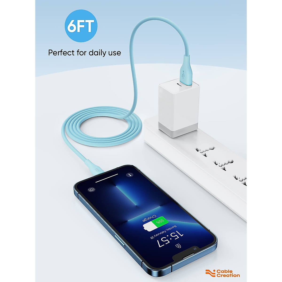 CableCreation Phone Charging Cord 6FT/1.8m, USB to Lightning Cable, USB Liquid Silicone Cord [MFi Certified] for iPhone 14/14 Pro/13/13 Pro/ 12 Pro Max/ 12/11 /X/XS/XR/ 8 Plus/AirPods Pro, Blue