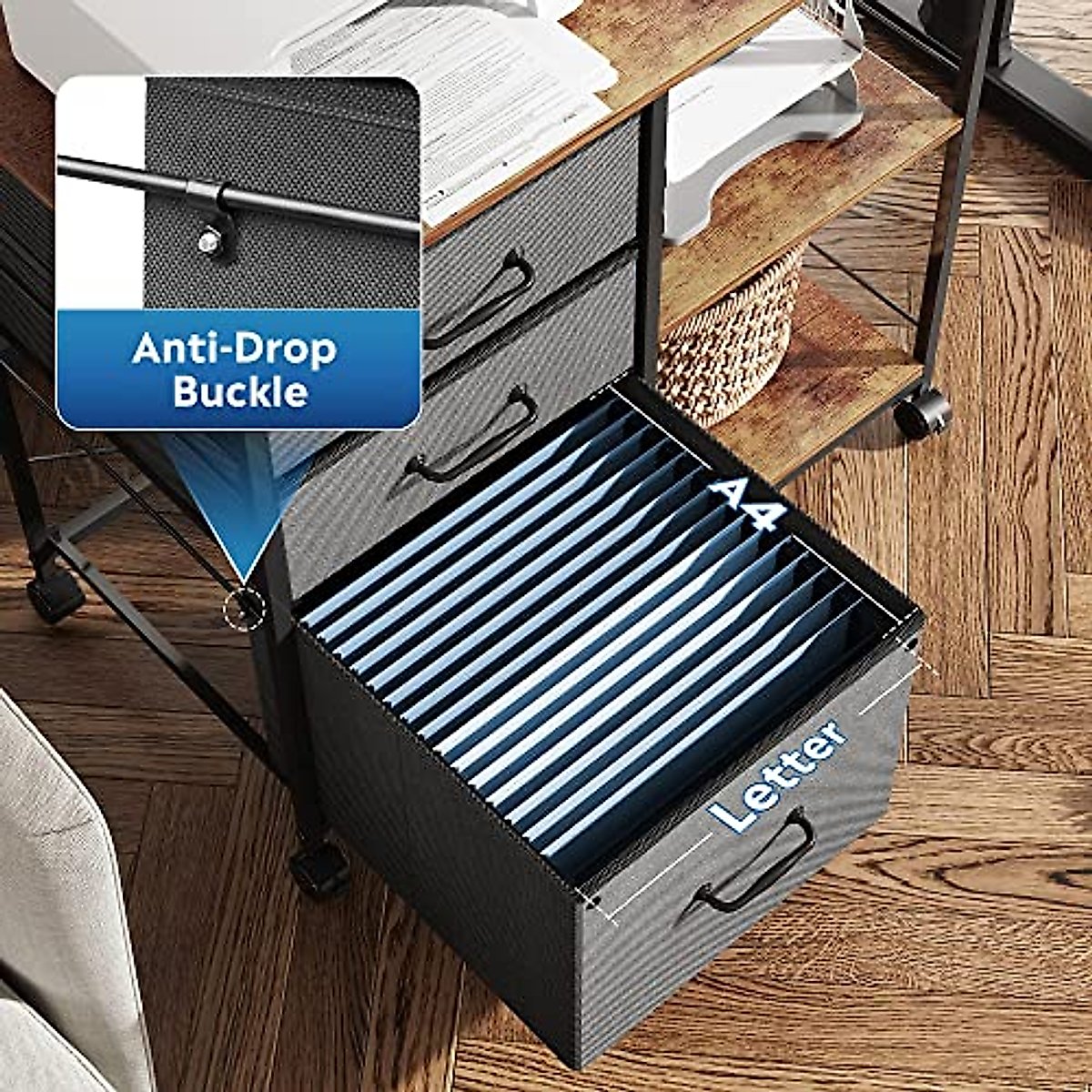 DEVAISE 3 Drawer Mobile File Cabinet, Rolling Printer Stand with Open Storage Shelf, Fabric Lateral Filing Cabinet fits A4 or Letter Size for Home Office, Rustic Brown