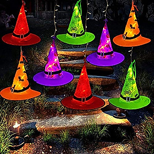 XTF2015 Halloween Decorations Outdoor, Upgraded 8pcs Hanging Lighted Glowing Witch Hat Lights, 44FT 104LED Waterproof Halloween Light for Outdoor,Garden, Trees, Party Decorations