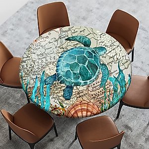 Yaofuren Table Cloth Cover Elastic Edge,for 28" to 35" Round Tables,Vintage Watercolor Sea Animals Turtle Pattern Round Tablecloth,Waterproof Wipeable Table Cover for Picnic Party,Green