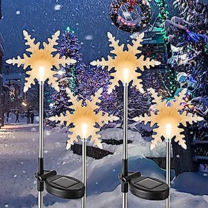 Glintoper 4 Pack Solar Christmas Snowflakes Figurine Lights, Outdoor Solar Powered Snowflake Decorative Lights with Garden Stakes, Warm White LED Xmas Lighting Yard Stake for Path Lawn Patio Decor