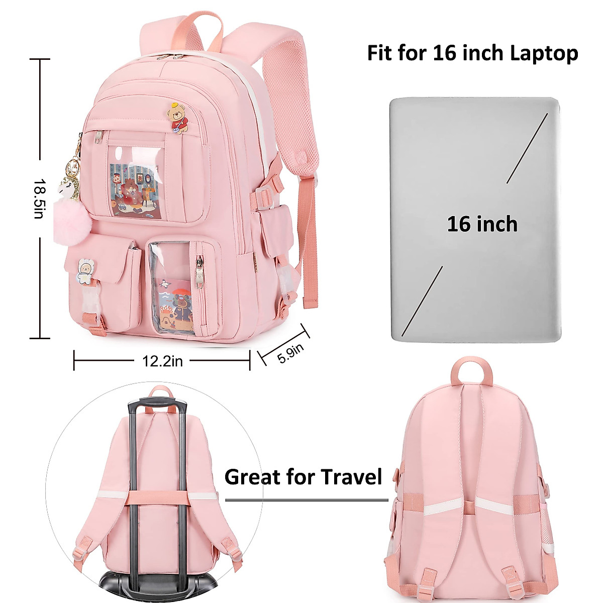 Laptop Backpacks 16 Inch School Bag with Lunch Box Set College Elementary Backpack Cute Lunch Bag Anti Theft Travel Daypack Large Bookbags for Teens Girls Women Kids Students (Pink- Dance Girls)
