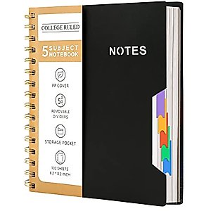 CAGIE 5 Subject Notebook College Ruled 6'' x 8'' Hardcover Spiral Lined Notebook with 5 Removable Colored Dividers 204 Pages Notebooks for Work, School Supplies, Home & Office, Writing Journal