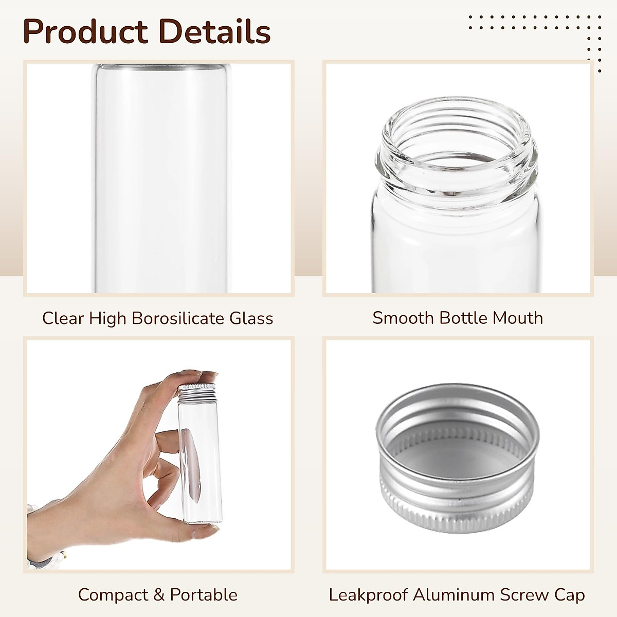 30PCS 50ml Glass Vials with Screw Caps, Clear Flat Test Tubes with Lids, Leak Proof Liquid Sample Vials for Essential Oil, Perfume, Reagent, Medicine, Reusable and Fridge Safe