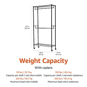 Amazon Basics Adjustable, Double Hanging Rod Garment Rolling Closet Organizer Rack - Black, 72 inches