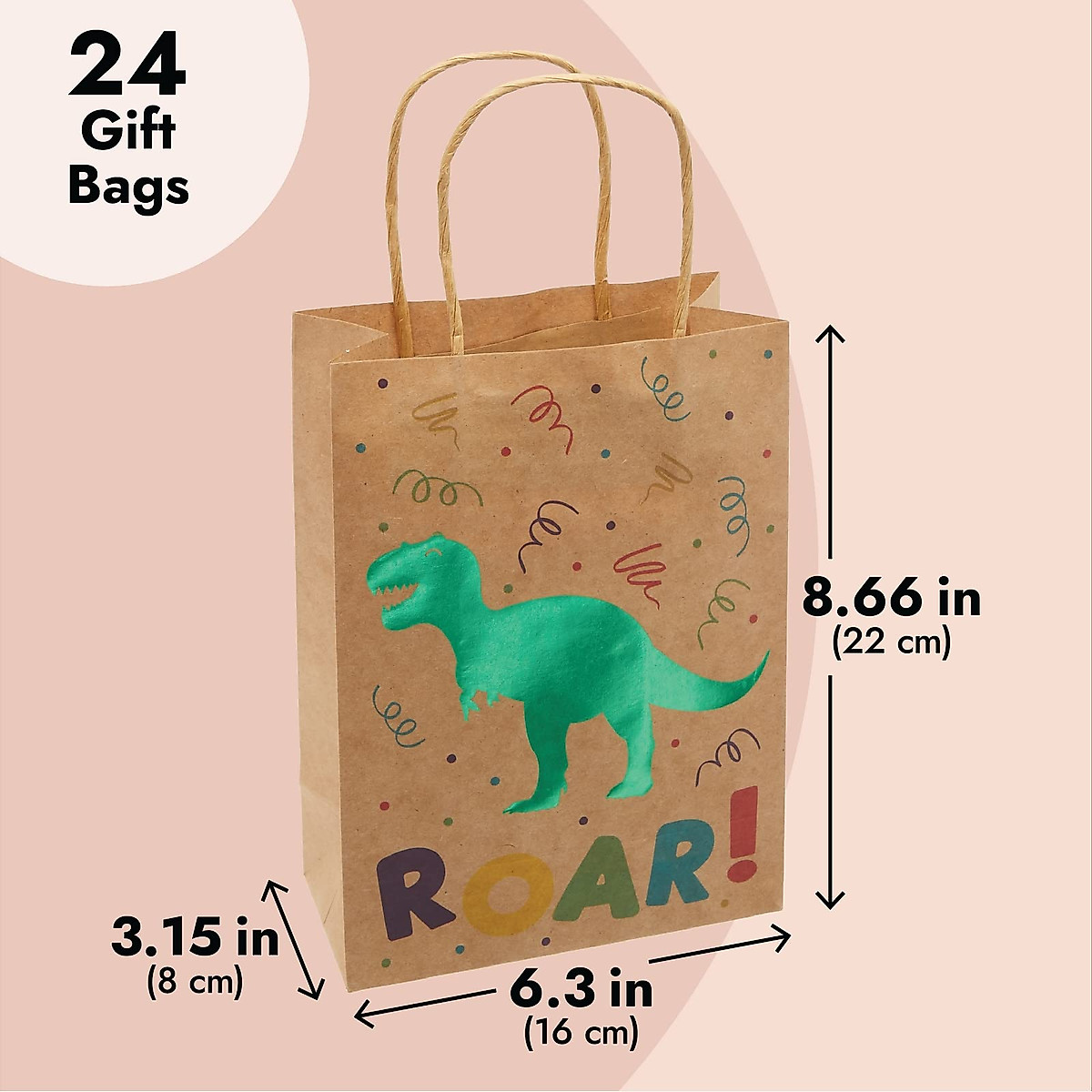 24 Pack Kraft Dinosaur Party Favor Bags with Handles for Kid's Birthday (6 x 9 In)