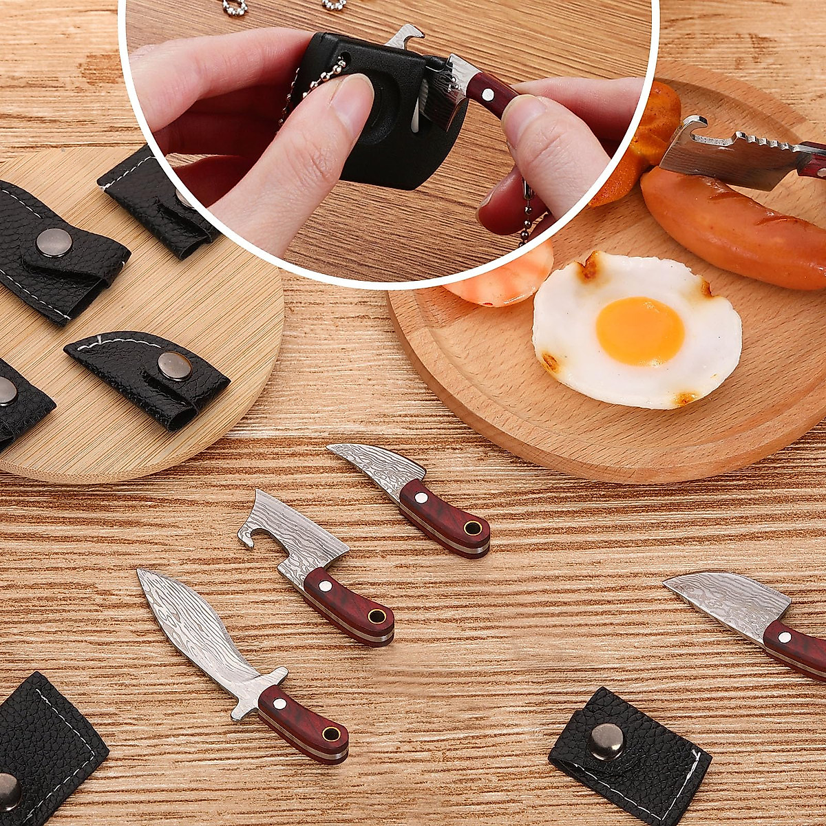 Qunclay 11 Pieces Mini Pocket Knife Set Tiny Knife Damascus for Women Men Axe Shape Mini Knife with Pocket Knife Sharpener and Box for Beer Bottle Opener and Package Box
