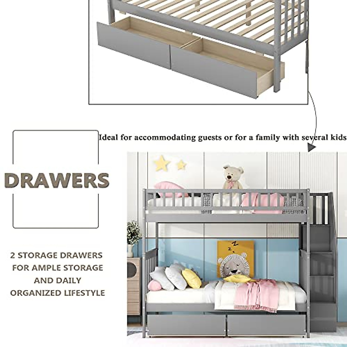 CITYLIGHT Full Over Full Bunk Beds with Stairs,Wood Full Bunk Beds with 2 Storage Drawers, Bunk Bed Full Over Full Size for Kids,Teens, Adults, No Box Spring Needed, Grey
