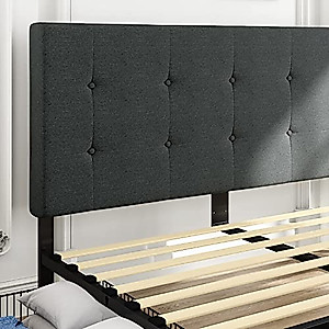 HOOMIC Queen Upholstered Platform Bed Frame with 4 Storage Drawers, Wooden Slats Support, Adjustable High Headboard with Square Stitched Button Tufted Design, No Box Spring Needed,Dark Grey