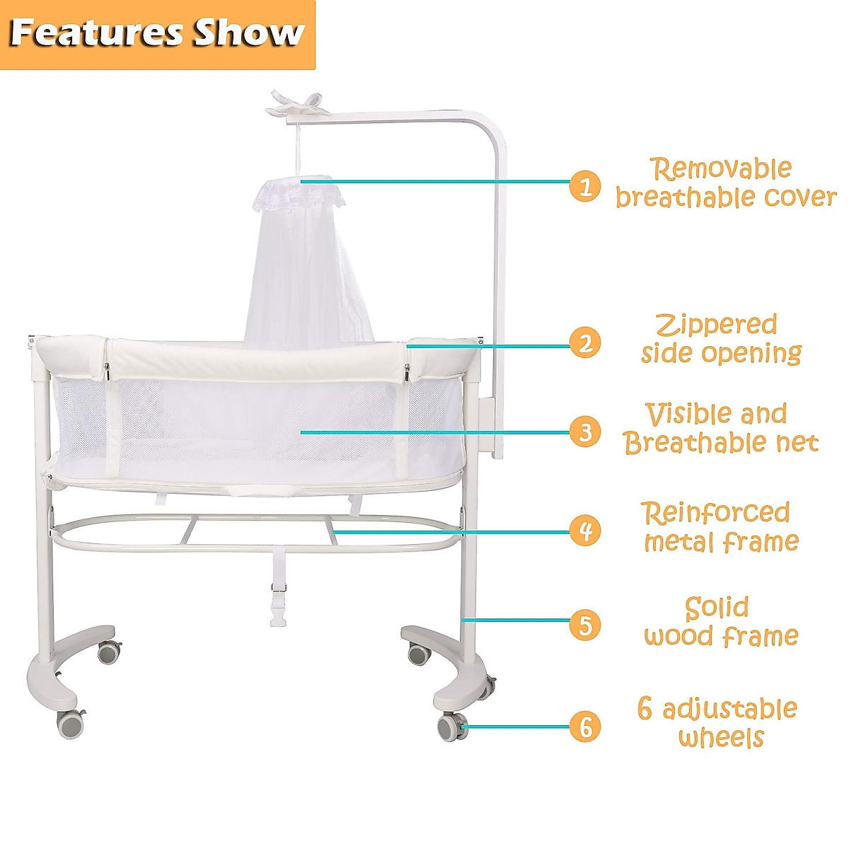 COLOR TREE Baby Bassinet Bedside Sleeper Bedside Crib with 6 Wheels, Mosquito Net, Comfy Mattress for Newborn Baby/Infant, Portable