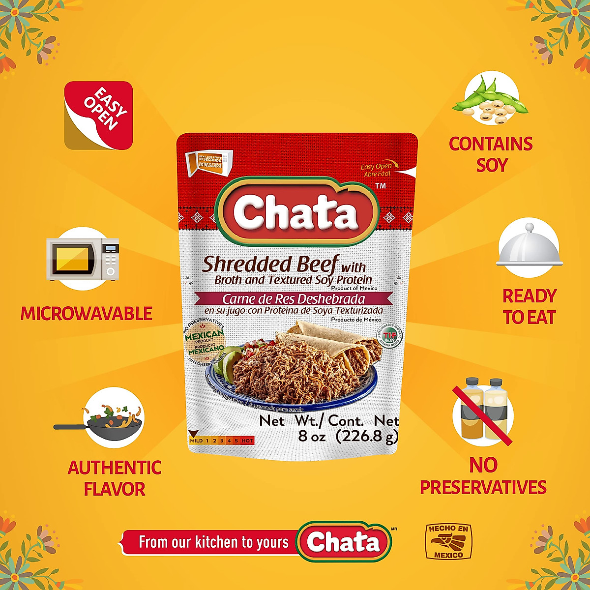 CHATA Shredded Beef Pouch, Practical & Savory Shredded Beef, Ready-to-Eat, No Preservatives, 8 Oz (Pack of 1)