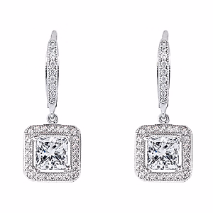 Cate & Chloe Ivy 18k White Gold Dangle Earrings | Princess Cut Cubic Zirconia Earrings, Women's Drop & Dangle Earrings, Halo Silver Earring Set, Hypoallergenic Earrings Fashion Jewelry