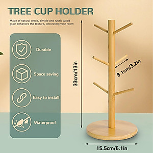 Roucerlin 1 Pack Wooden Coffee Mug Tree, Mug Holder Tree with 6 Hooks, Self-Mounting Mug Tree for Counter, Coffee Mug Stand Rack for Kitchen, Living Room, Coffee Station, Bar (Wood)