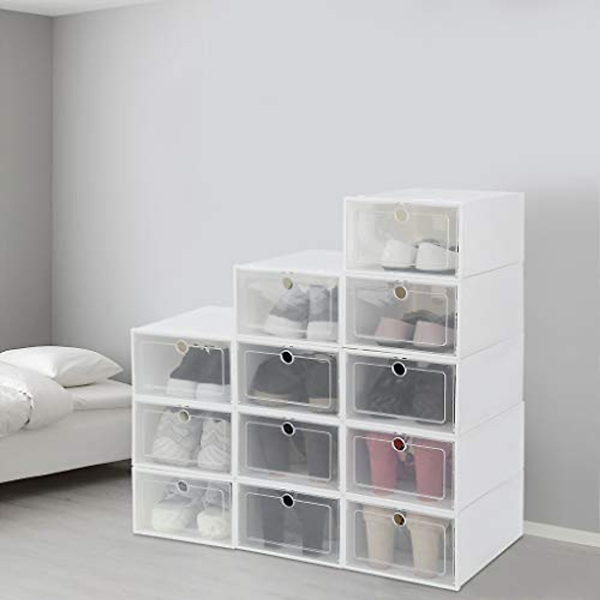 Micozy 12Pcs Foldable Shoe Box Storage Plastic Transparent Case Stackable Organizer 12.99x9.45x5.12 inch