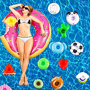 Sonarun 50 Pack Inflatable Drink Holders Float Toy Inflatable Pool Cup Coasters Pool Float Swimming Drinking Holder with Air Pump for Swimming Pool Beach Holiday Party Supplies