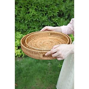 HITOMEN 14.2'' Hand-Woven Round Rattan Serving Tray Decorative Ottoman Wicker Platter with Handles for Coffee Table, Breakfast, Drinks, Snack, Bread, Fruit, Vegetables (Natural-L)