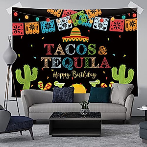 Rsuuinu Mexican Fiesta Backdrop Happy Birthday Tacos and Tequila Colorful Lights Background Drop Cinco De Mayo Backdrop for Pictures Birthday Party Mexican Decorations Banner Photo Booth Props 7x5ft