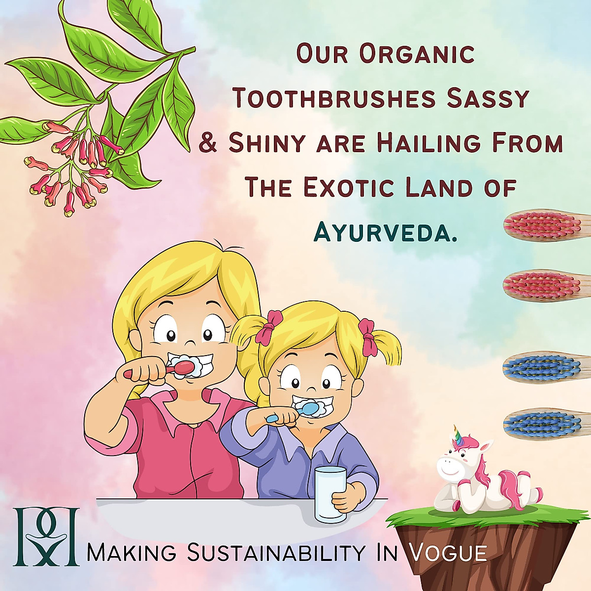 Rewa Kids Kawaii Unicorn l Children Bamboo Toothbrushes l Organic Compostable Natural Ayurvedic l Pack-4 l Soft Bristles BPA Free Pink (Sassy) & Blue (Shiny).