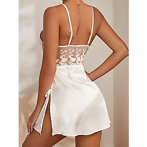Verdusa Women's Lace Trim Satin Slit Side Nightdress Bridal Sleepwear Nightgown White M