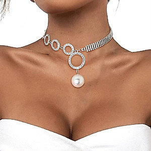 ELABEST Sparkly Rhinestone Necklace Pearl Necklace Crystal Choker Circle Necklace Trendy Tennis Chain Dainty Wedding Bridal Bridesmaid Jewelry for Women (Silver)