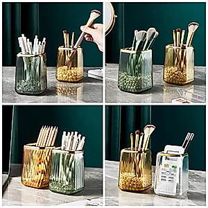 DASITON Makeup Brush Holder Organizer, Square Green Cosmetic Container Storage Holder , Vintage Stripe Make Up Brush Cup