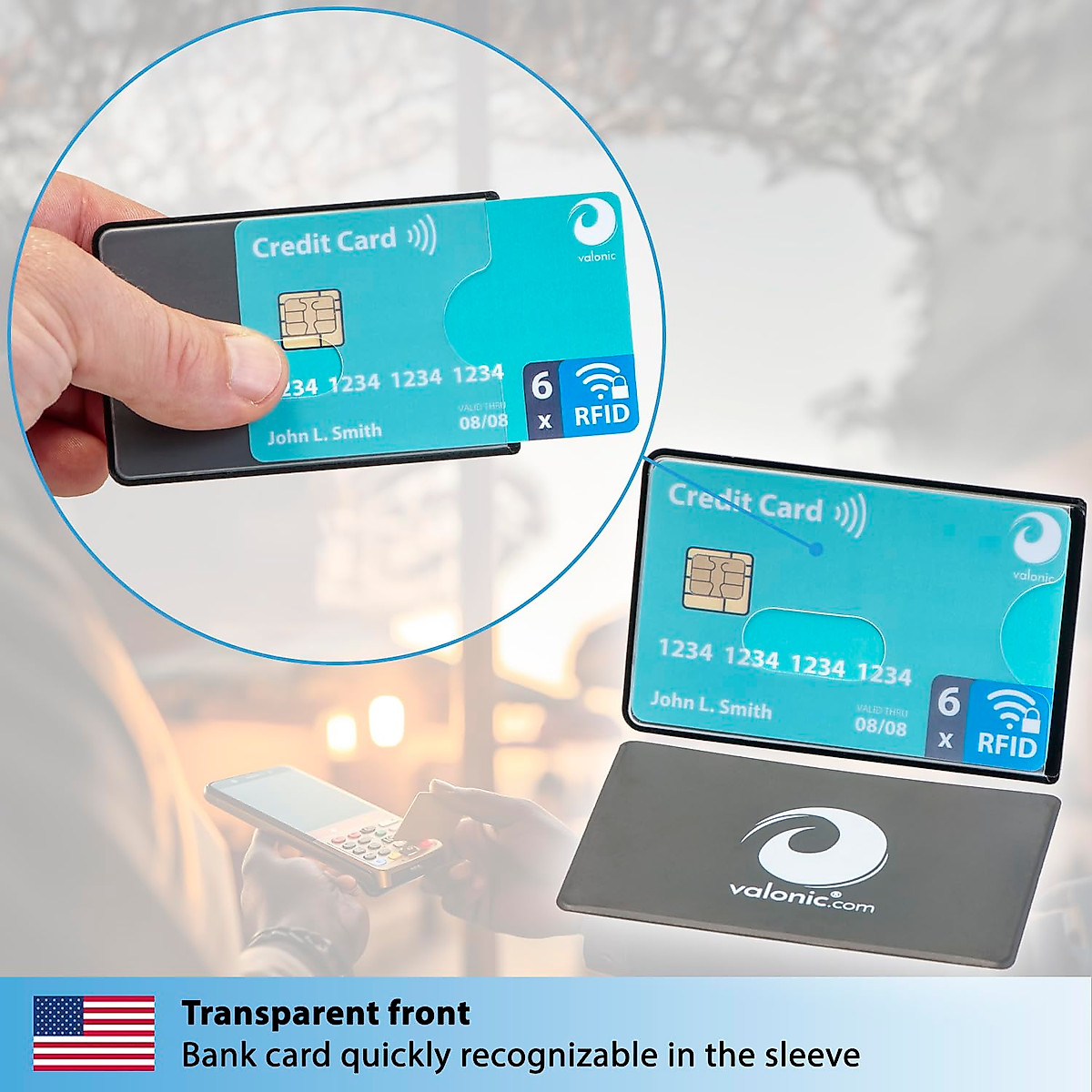 valonic Set of 6 RFID Blocking Sleeves - Transparent Front, Credit Card Protector Sleeve for Wallet - Protection Block for Debit Card, Passport and Metro Card