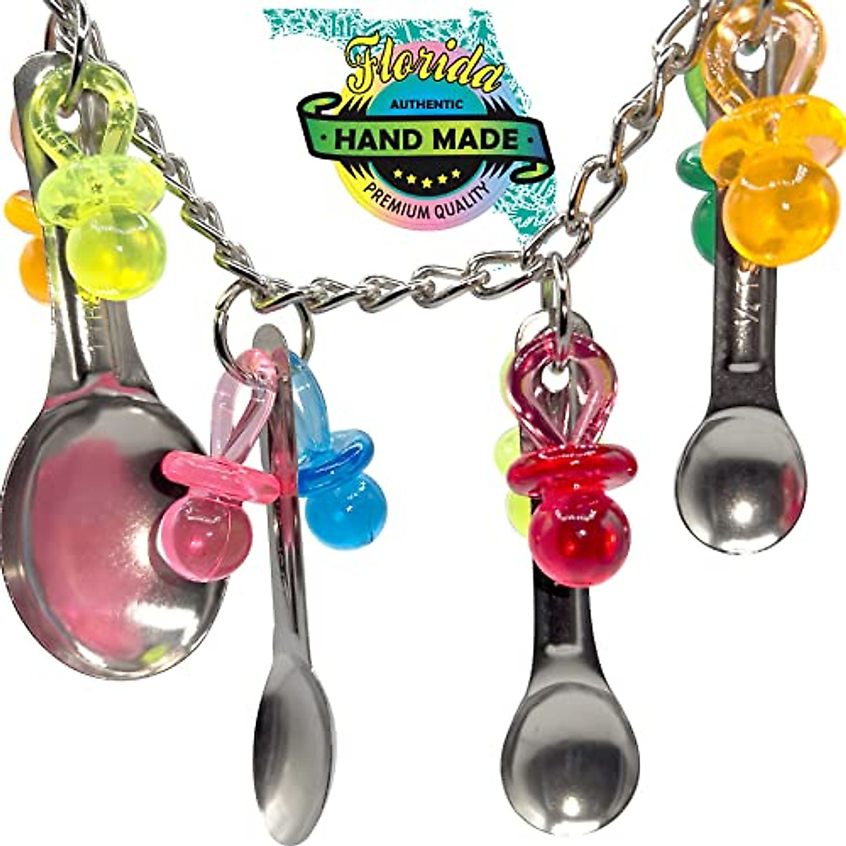 Mandarin Bird Toys 1022 Super Spooner Ringer by M&M Handmade Stainless Steel Noisy Versatile Aviary Toy, Shiny Spoons, Acrylic Pacifiers, Metal Bells, Great for Medium Pets African Grey Conure Quaker