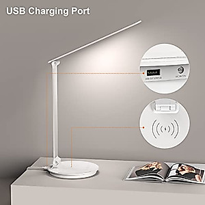 Vansuny LED Desk Lamp with Wireless Charger USB Charging Port Touch Control Dimmable Office Lamp 1h Timer 5 Color Modes 6 Brightness Levels Eye-Caring Table Lamp for Home Office Bedroom White