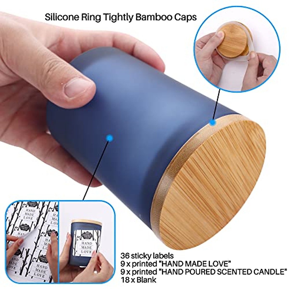Aminigram 12 Pack, 10 oz Navy Blue Candle Jars with Bamboo Lids and Sticky Labels, Empty Glass Candle Jars for Making Candles, Morden Kitchen Bathroom Small Object Container - Dishwash Safe