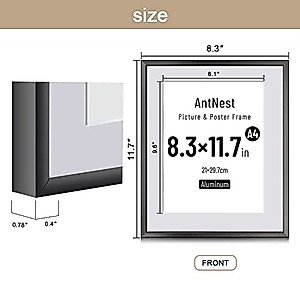 AntNest A4 Aluminum Picture Frame, Acrylic Front, Thin Black Metal Poster Frame for 8.3x11.7 Pictures, Horizontal/Vertical Wall Mount, Wall Hook Included